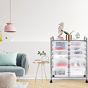 Sapodilla Rolling Storage Cart and Organizer with 12 Plastic Drawers-4 Lockable Casters for School Office Home Beauty Salon(White)