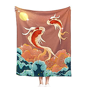 Japanese Wave Koi Fish Throw Blanket Animal Sun Flannel Blanket Utra Soft Breathable Lightweight Blanket for Couch Bed Sofa Office Room