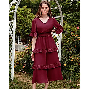 Aonour Womens 2023 Summer Wedding Casual Flutter Sleeves V Neck Flowy Cute High Waist Tiered Ruffle Midi Dress Baby Shower Amazon Modest Dresses ARC1002 Burgundy L