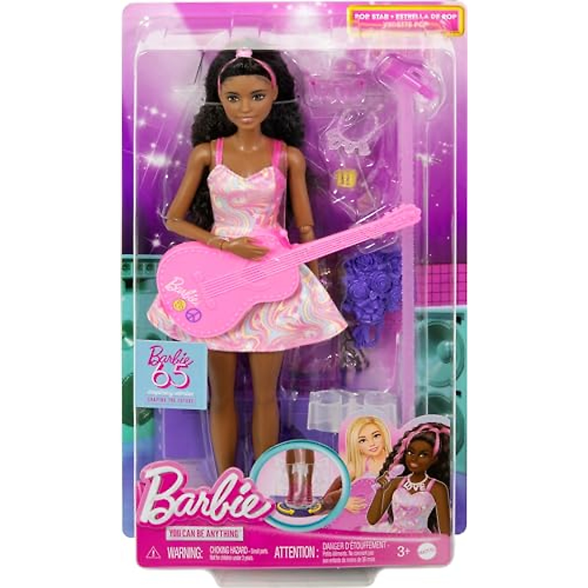 Barbie 65th Anniversary Doll & 10 Accessories, Pop Star Set with Brunette Singer Doll, Toy Stage with Moving Feature & More