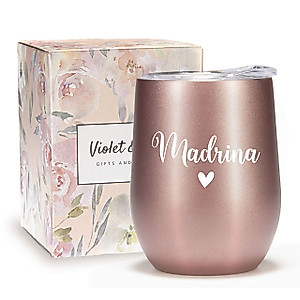Violet and Gale Madrina gifts from godchild 12oz wine glass tumbler Madrina Proposal Gift in Spanish Rose Gold Coffee Mug for women