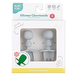 Bumkins Utensils, Silicone Chewtensils, Baby Fork and Spoon Set, Training Utensils, Baby Led Weaning Stage 1 for Ages 6 Months+ in Gray 2 Count (Pack of 1)