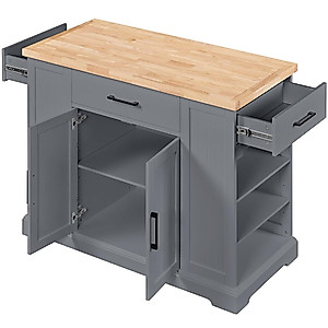 Yaheetech Rolling Kitchen Island with Thicker Rubberwood Countertop, Kitchen Cart on Hidden Wheels with 3 Drawers & Open Shelves, Storage Cabinet w/Inner Adjustable Shelves for Dining Room, Dark Gray