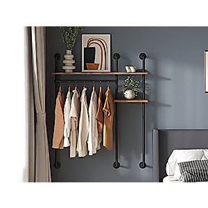 TEDIDUWA 45In Industrial Pipe Clothing Rack,Wall Mounted Clothes Rack with Top Shelves, Pipe Clothing Rack with Shelf, Wall Hangers for Clothes, for Bedroom, Laundry, Living Room, Retail Store