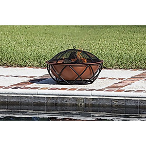 Fire Sense 62241 Fire Pit Barzelonia Copper-Look Wood Burning Lightweight Portable Outdoor Firepit Backyard Fireplace Camping Bonfire Included Screen Lift Tool & Cooking Grate - Round - 26"