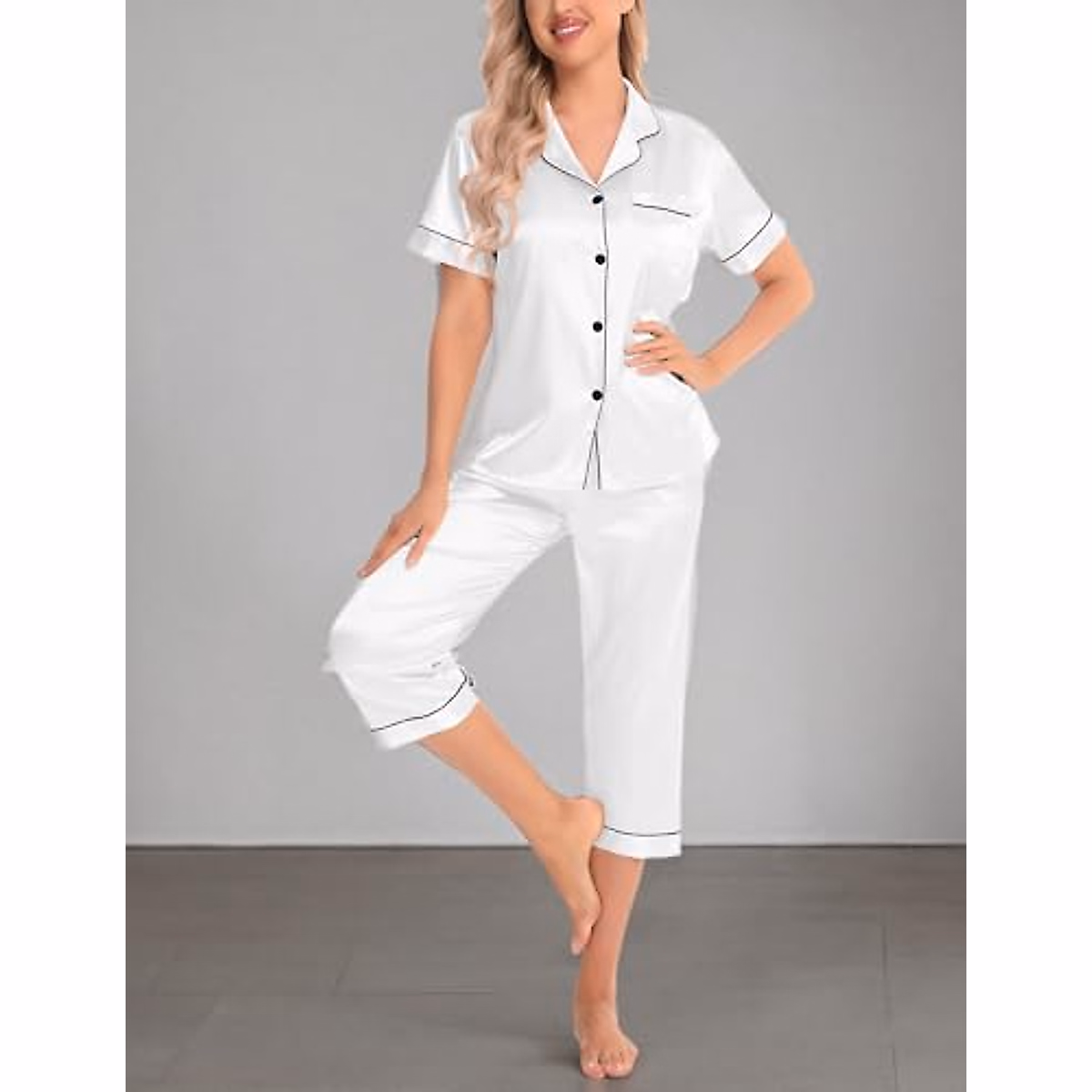 SWOMOG Satin Pajama Set Women Silk Pjs Set Short Sleeve 2 Piece Button Down Sleepwear Lounge Sets White