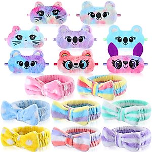 Maiteenly 16 Pcs Sleepover Party Supplies 8 Pcs Animal Sleep Eye Masks 8 Pcs Bow Makeup Headbands Plush Sleeping Eye Mask for Washing Face Makeup Shower Women Gift