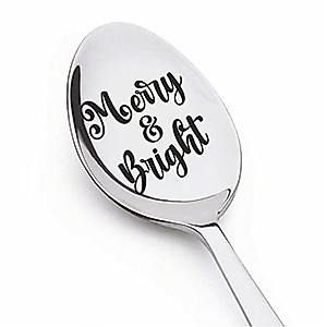Merry & Bright | Gift For Christmas for Wife/Husband/Girlfriend/Boyfriend/Friends/Mom/Dad | Christmas Stocking Stuffer | Stainless Steel Engraved 7 inches Teaspoon
