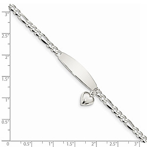 Solid 925 Sterling Silver Engravable Identification Name Bar Tag Figaro ID Heart Dangle Bracelet - with Secure Lobster Lock Clasp 7.5" (Width = 3mm)