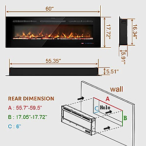 Kentsky 60 inches Electric Fireplace Inserts, Recessed and Wall Mounted Fireplace Heater, Linear Fireplace w/Thermostat, Remote & Touch Screen, Multicolor Flame, Timer, Logs & Crystal, 750W/1500W