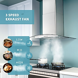 Range Hood 30 Inch, FIREGAS Ducted/Ductless Convertible Wall Mount Range Hood with Tempered Glass, 3 Speed Fan, 400CFM, Button Control, LED Light, Stainless Steel Filters, include 2 Charcoal Filters