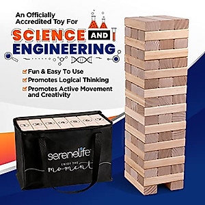 Serene Life 56 PCS Giant Tumble Tower Game - Non-Toxic Pine Wooden Stacking Timber Blocks Set with Zippered Carrying Bag, Book Scoreboard - Classic Jumbo Wood Block Outdoor Game for Kids and Adults