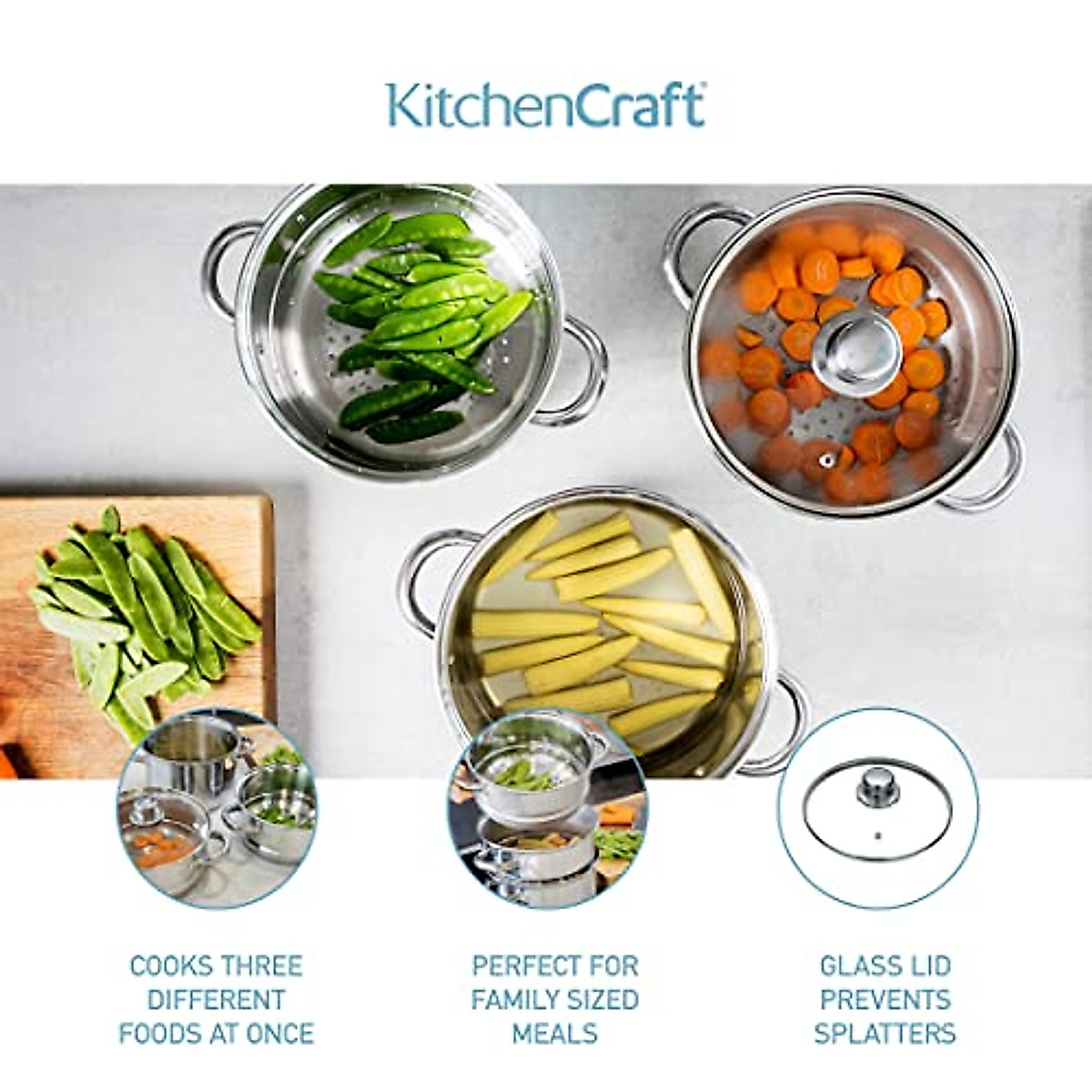 KitchenCraft KCCVSTEAM16 3 Tier Food Steamer Pan/Stock Pot in Gift Box, Induction Safe, Stainless Steel, 16 cm