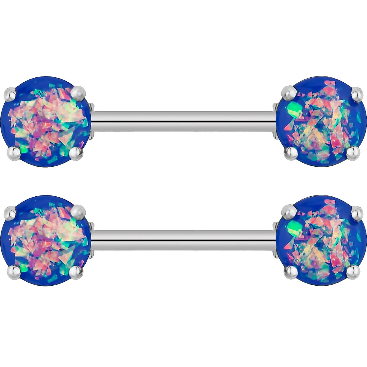 Forbidden Body Jewelry 14G Set of Surgical Steel Blue Simulated Opal Glitter Gemstone Nipple Ring Barbells