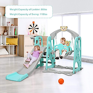 Costzon 4 in 1 Toddler Slide and Swing Set, Little Bear Indoor Outdoor Baby Swing with Slide, Swing, Climber, Basketball Hoop and Ball, Kids Climber Playground Playset for Girls Age 1+ Gifts Presents