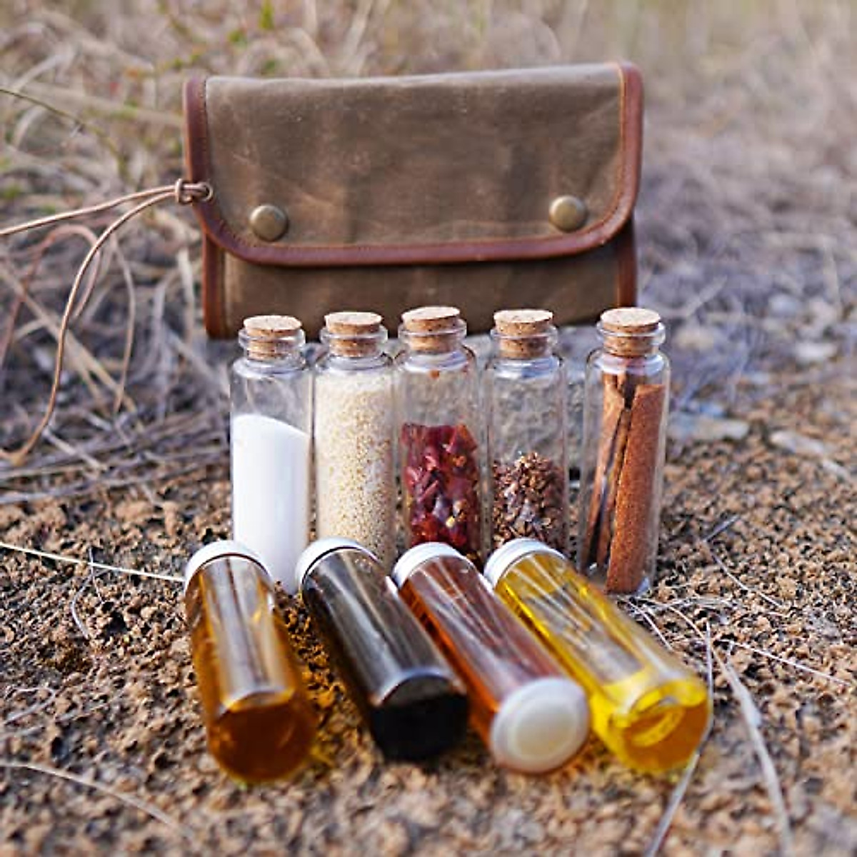 ULUZE Camping Spice Bag Kit with 9 Glass Spice Jars, Wax Canvas Spice Storage Bag, Portable Spice Bag, Travel Spice Holder Hiking Spices Set bushcraft Spice Kit and Oil Pouch Spice Jar Khaki