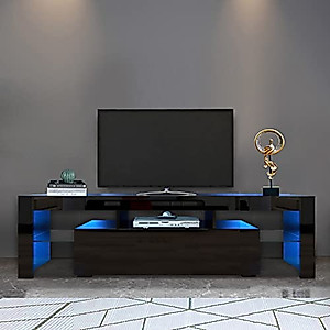 Black TV Stand with 2 Storage and 3 Open Shelves High Gloss LED TV Stand for 70 inch TV Entertainment Center TV Console Media Gaming TV Table Stands for Up 50 to 70 Inch TV Stand