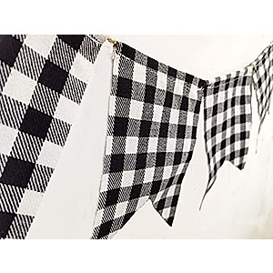 Buffalo Checkered Plaid Banner Cotton Black and White Gingham Bunting Garland for Mantel Fireplace Decorations (4 Pack)
