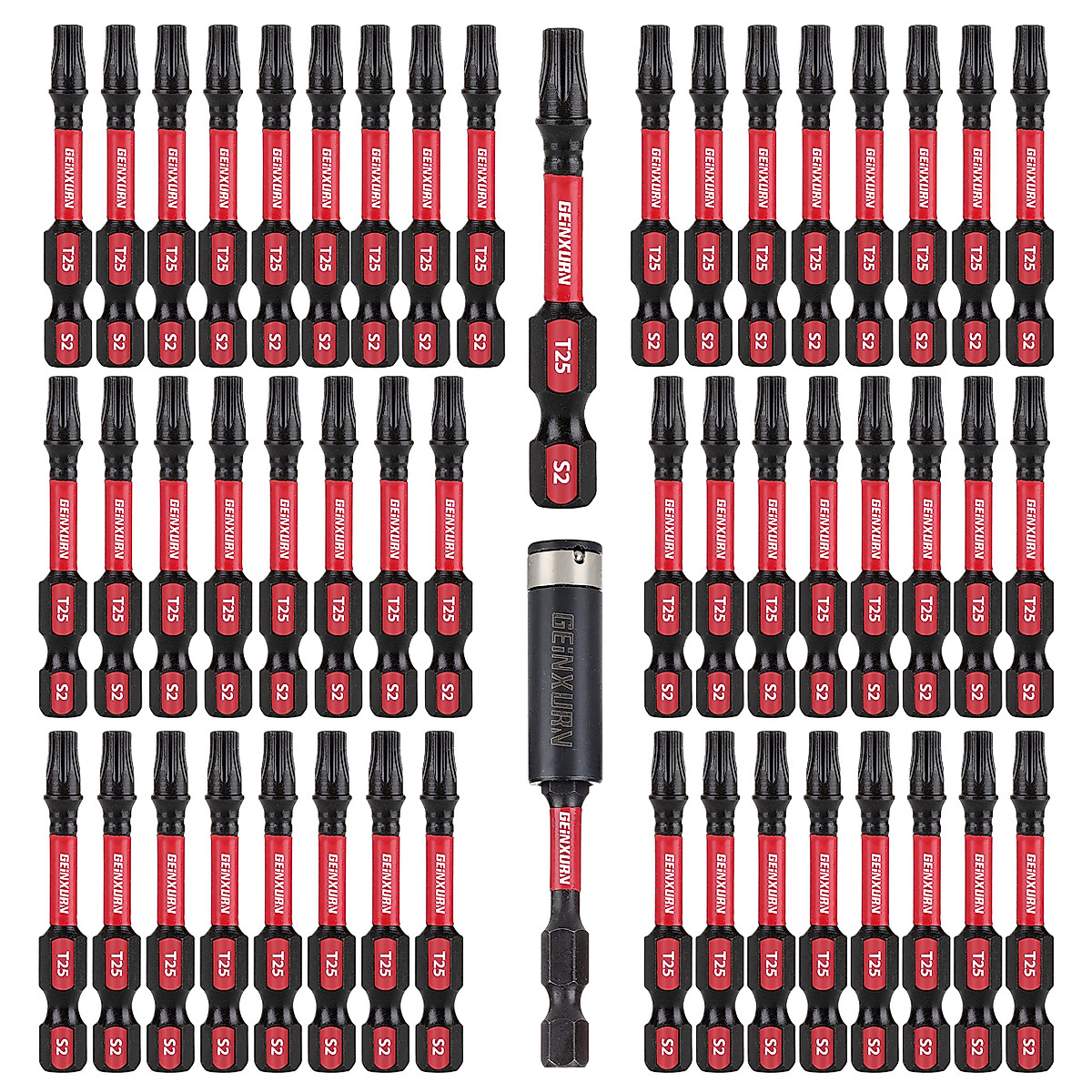 GEINXURN 50 Pieces T25 2 In. Impact Tough Magnetic #25 Torx Head Power Bits, S2 Alloy Steel T25 Screwdriver Bits Set with 1Pcs Impact Bit Holder