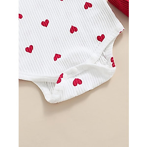 0-18M Infant Baby Girls Outfits Long Sleeve Ruffle Knit Heart Print Romper+ Suspender Skirt Overall Dress Set (Red, 3-6 Months)