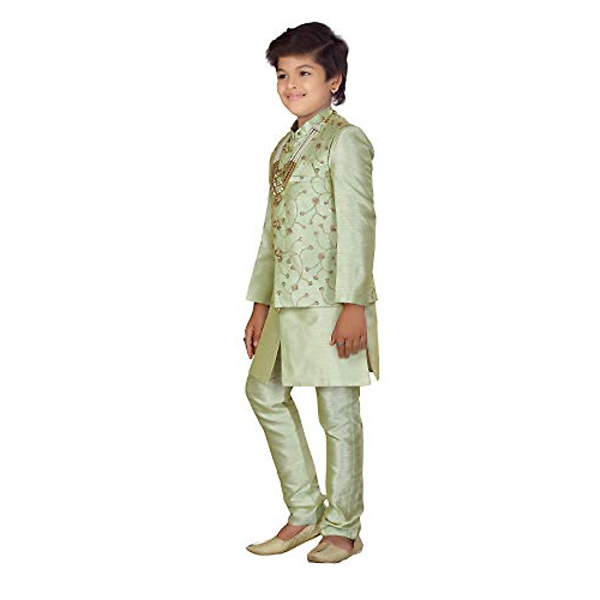 AHHAAAA Kids Ethnic Banarasi Silk Waistcoat Kurta Pajama Set for Boys Green