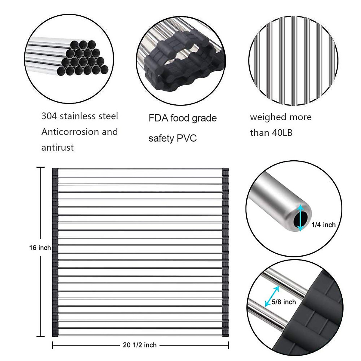 Rcdegk Roll Up Dish Drying Rack Over The Sink Kitchen Counter, The Multipurpose Sink Dish Drainer Mat for Fruits and Vegetable Rinser,Durable Silicone Covered Stainless Steel Rod,Large - 20.5" x 16"