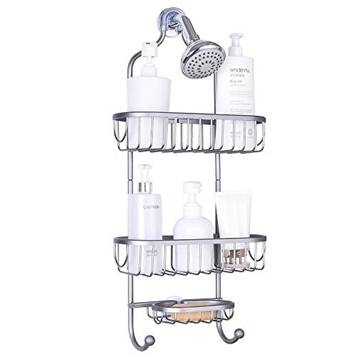 Lycklig Rust-Proof Shower Caddy over Shower Head Aluminum Shower Caddy, Hanging Shower Caddy with Extra Basket for Soap and 2 Hooks for Bath Loofah, Gray