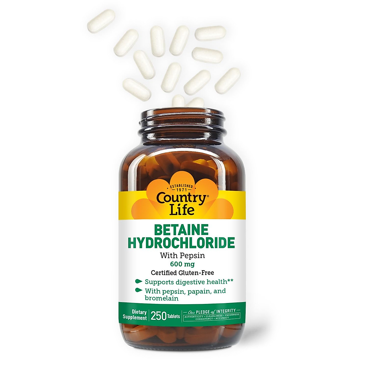 Country Life Betaine Hydrochloride with pepsin 600 mg - 250 Tablets