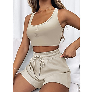 Women’s Pajama Sets Waffle Knit Matching Lounge Set Crop Tank Loose Shorts with Pockets Beige XL