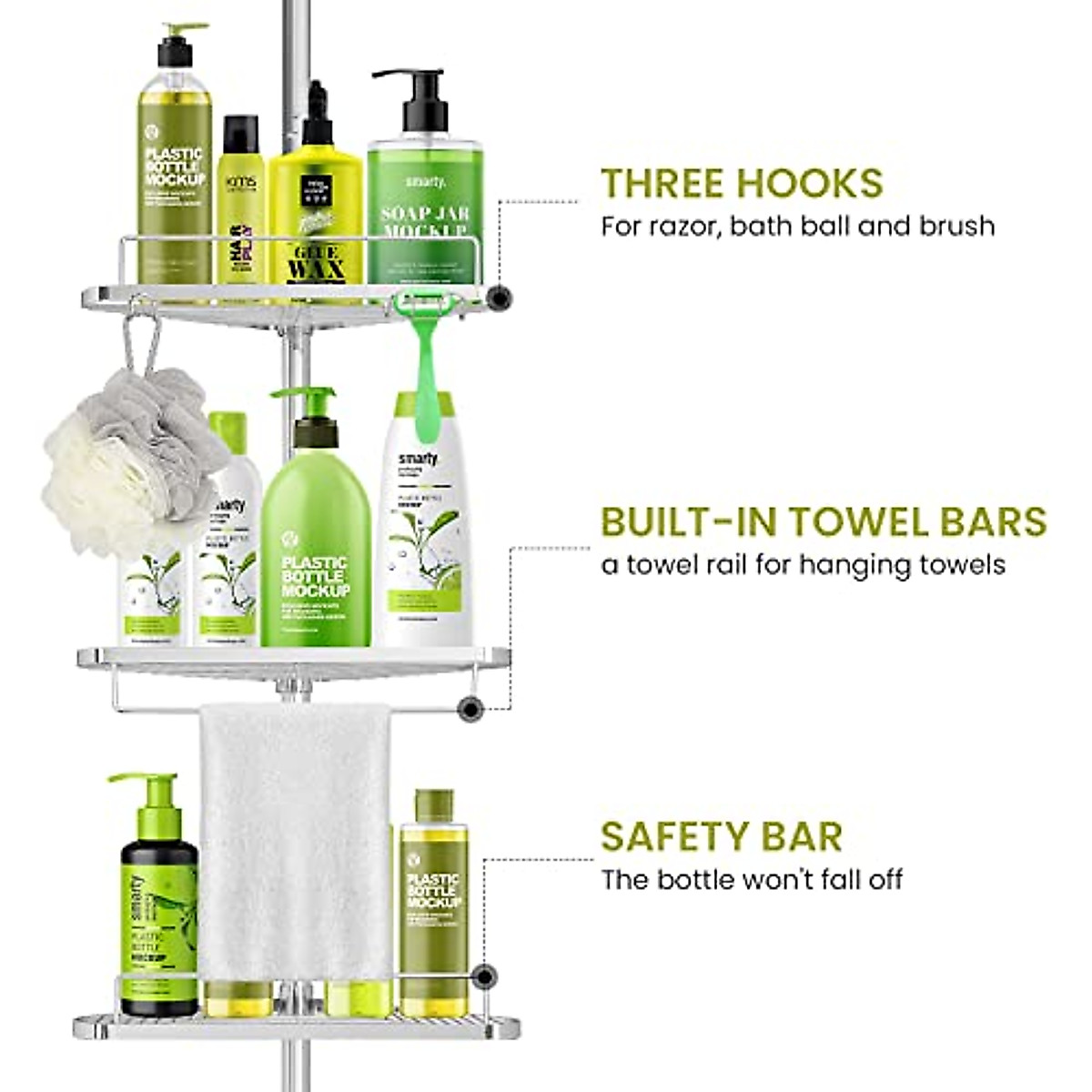 Yvilant Corner Shower Caddy Tension Pole, 4 Layer Rustproof Shower Corner Shelf Stainless Steel Pole Organizer Standing Shower Organizer Adjustable Shower Shelf, 59-110 Inches, Silver