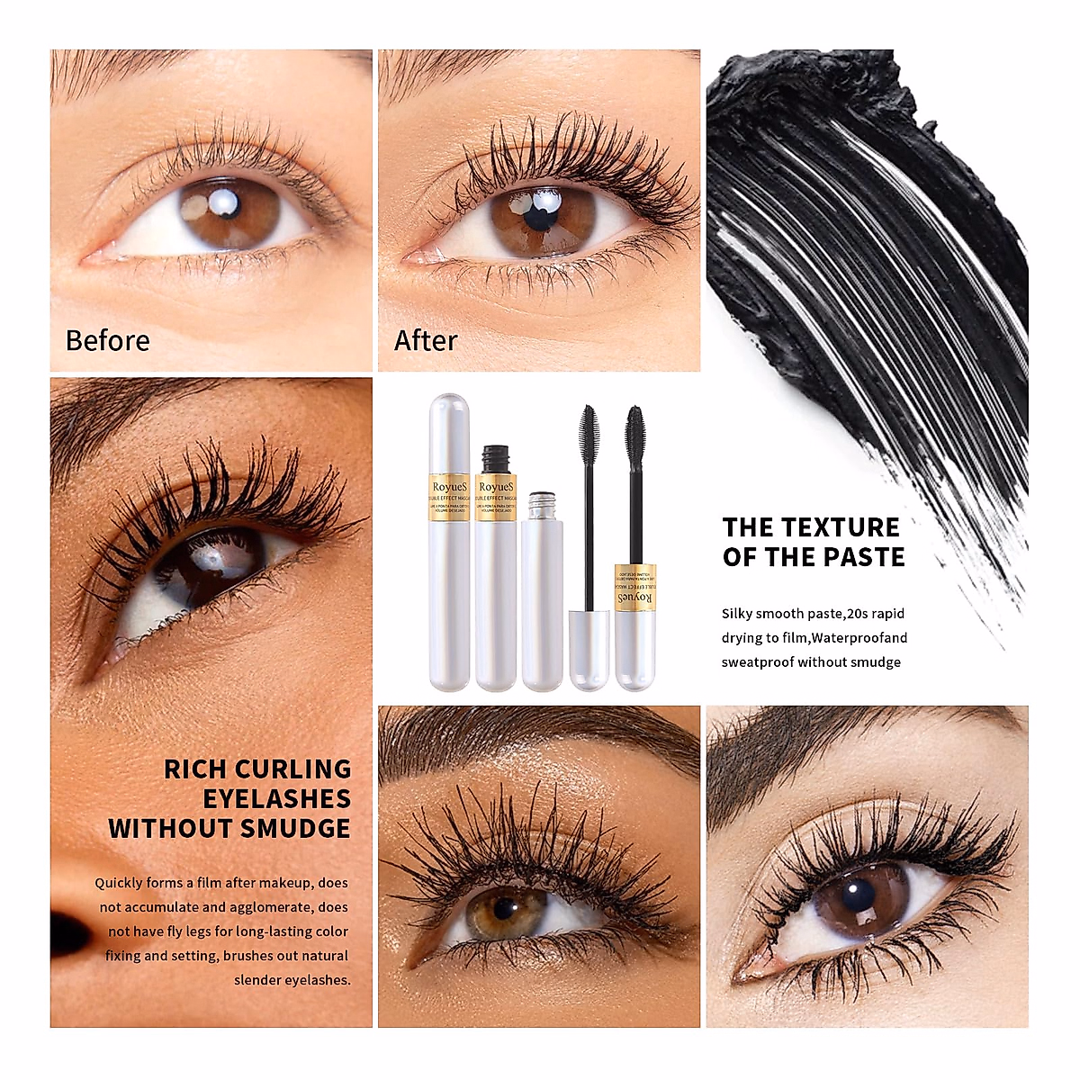 AKARY Mascara Waterproof & Smudge-Proof - 2-1 Long-Lasting Mascara Black Volumizing and Lengthening for Eye Makeup, Liquid Lash Extensions Mascara for a Full Fan Effect, No Clumping, Curling Eyelashes, Vegan & Cruelty-Free, 02 Brown