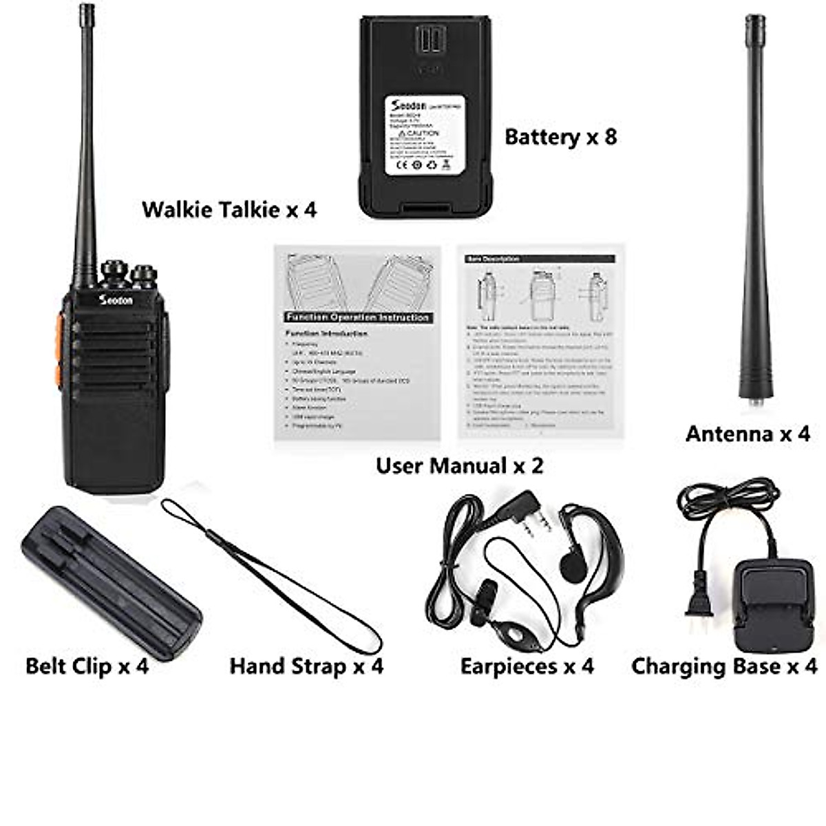 Seodon Walkie Talkies for Adults Long Range with One Extra Battery for Each Radio Rechargeable 4 Pack Up to 5 Miles Range in The Open Filed Two Way Radios with Earpiece/Headsets
