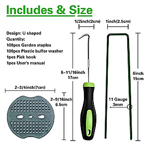 Bakulyor 100pcs Green Artificial Turf Stakes Staples + 100pcs Buffer Washer, 6 Inch 11 Gauge Landscape Staples, Galvanized Lawn Spikes, Heavy Duty Yard Ground Pin for Grass Weed Barrier Sod Fabric