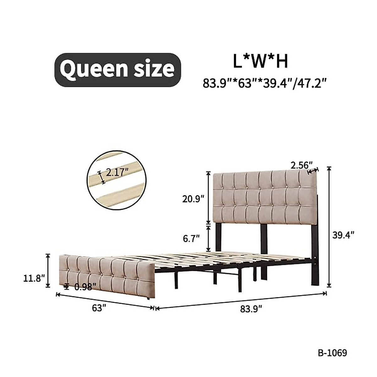 GINGVAT Queen Size Upholstered Platform Bed Frame with Lights and Height Adjustable Headboard, Fashion Square Stitched Button Tech Cloth, Modern Bedroom Furniture, Beige