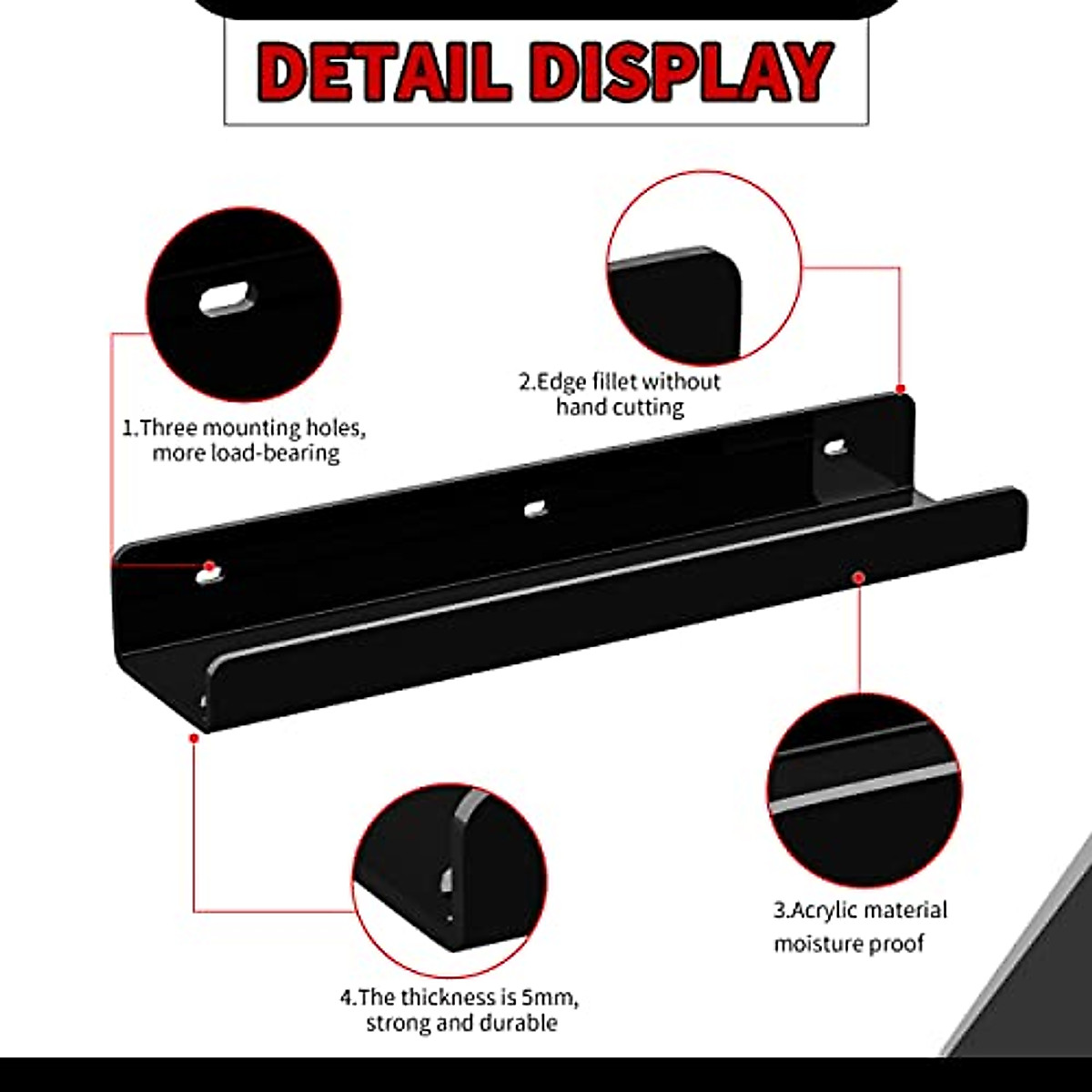 Hexsonhoma 16.5 Inches Black Wall Shelf, 1 Pack, Acrylic Wall Storage Shelf in U Shape, Thick Acrylic, Big Capacity Hold Max 30 Lbs