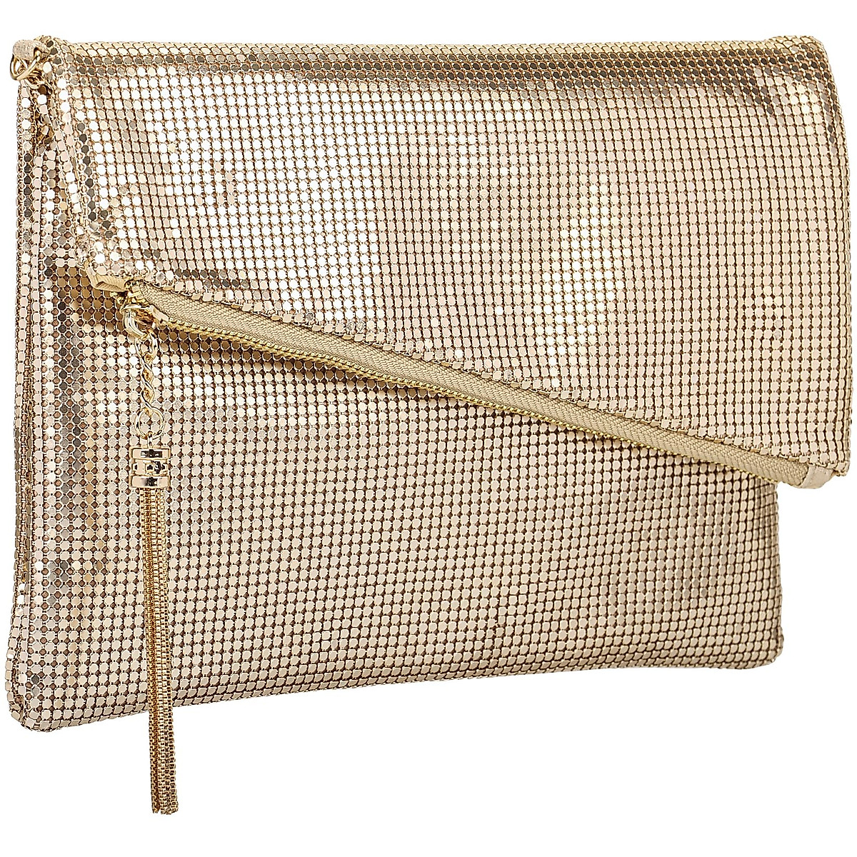 Venoline Large Metal Mesh Evening Clutch Bag Convertible Handbag Tassel Purse Gold