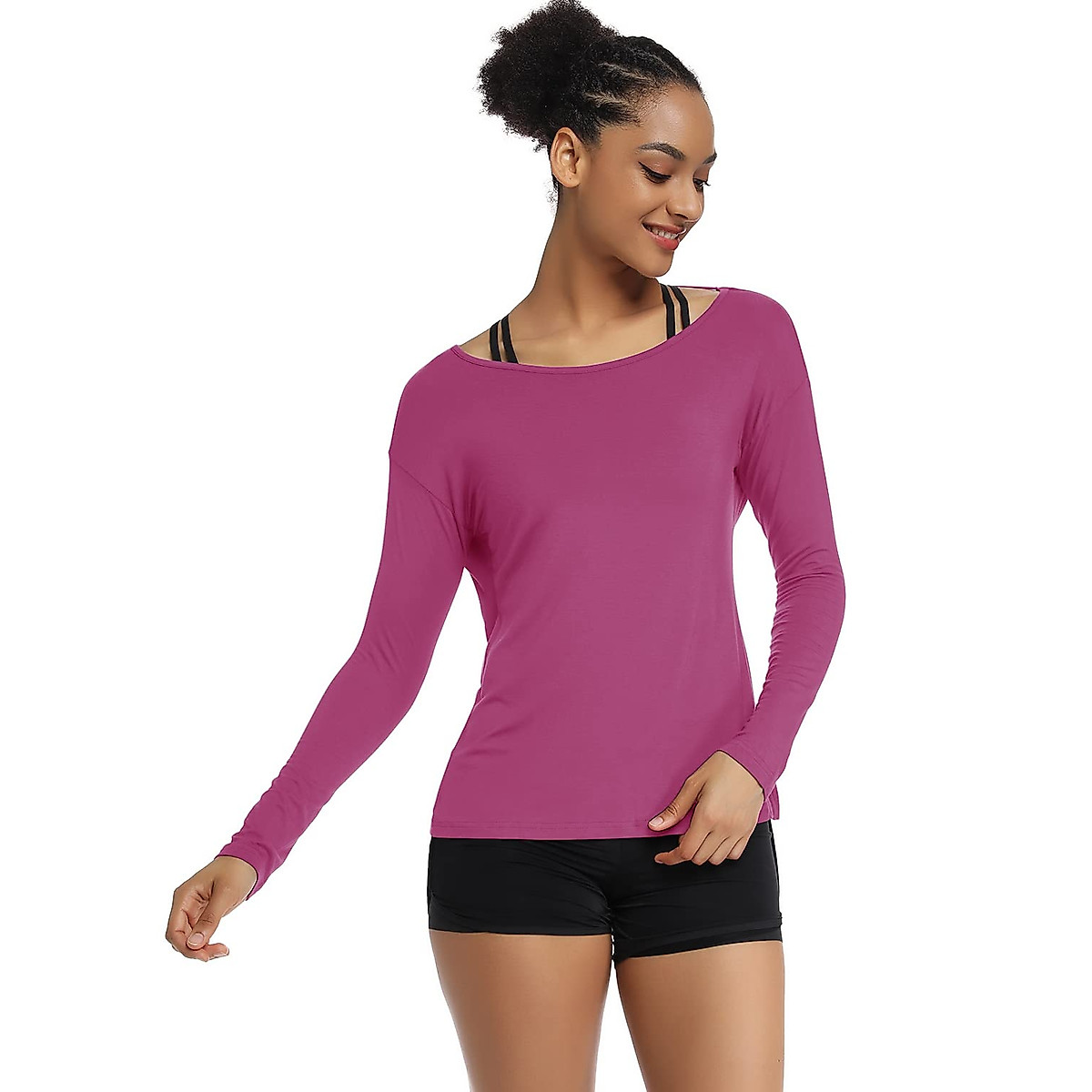 Muzniuer Women's Long Sleeve Yoga Shirts Workout Shirts Backless Cross Back Open Shirts Yoga Top Soft Fitness Shirts for Women Long Sleeve Running Shirts Rose Red M