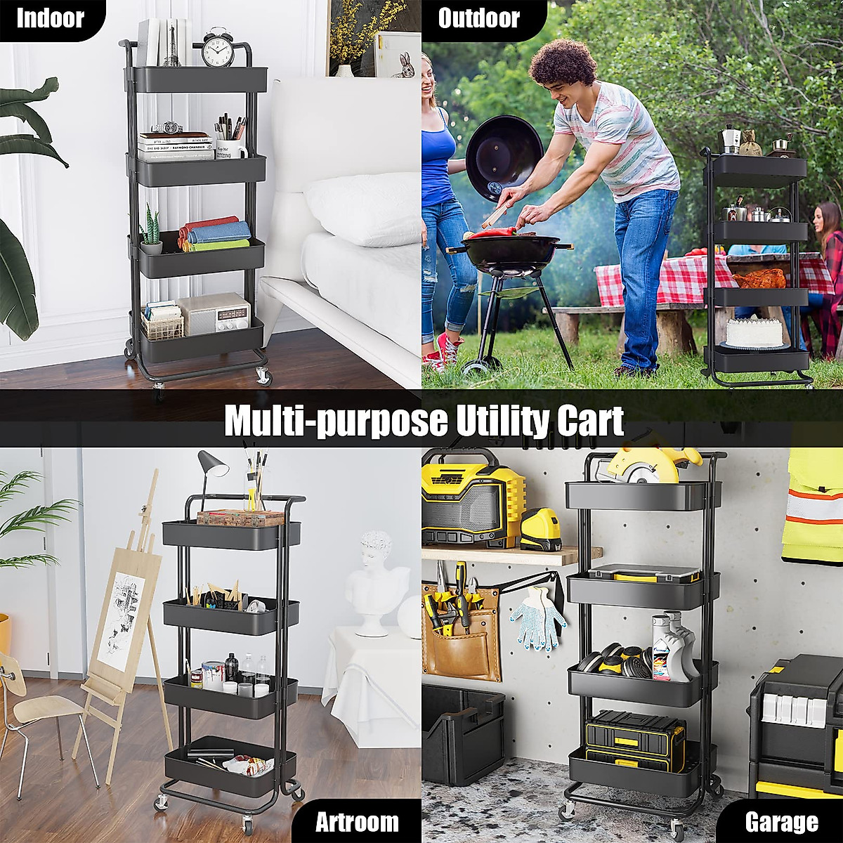 Devo 4 Tier Utility Rolling Cart, Heavy Duty Storage Cart, with Handle, 4 Side Hooks, 2 Storage Cups and Lockable Wheels, Organizer Cart for Bathroom Kitchen Office Classroom, Black