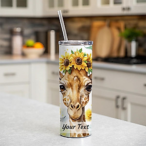 Personalized Custom Name Text Giraffe Watercolor Design With Sunflowers Skinny Tumbler 20oz with Straw Insulated Water Bottle Gift - 1 Line Horizontal