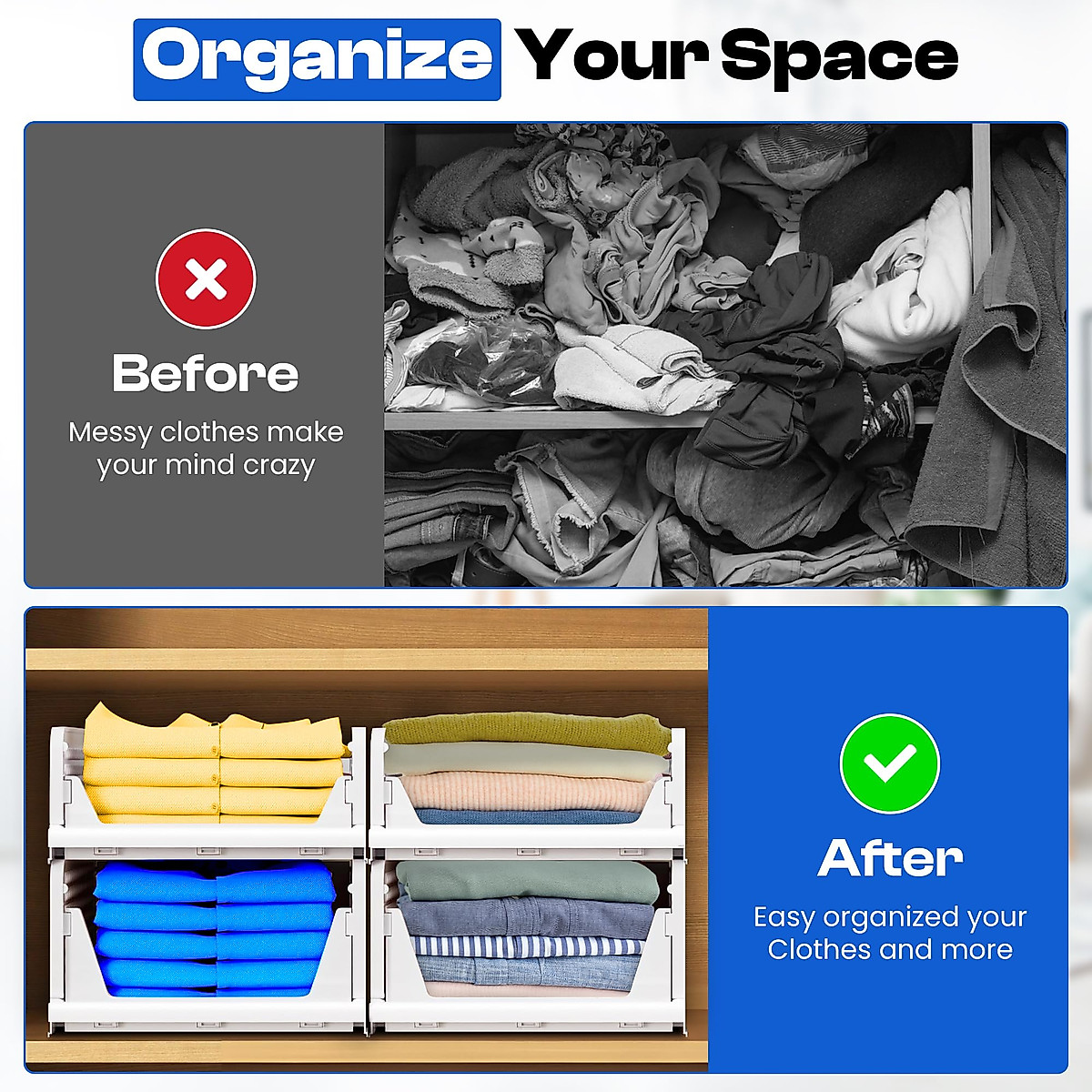 SIMPLEST LIVING Foldable Storage Bin Shelves Stackable Organizer 4 Pack(L) Clothes drawer organizer-collapsible crates-Stackable Storage Shelf for Office-RV-Dorm with 2 Label Sheets-White