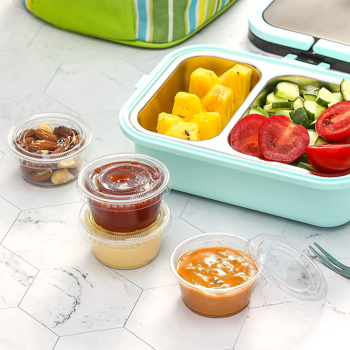 [130 Sets - 2 Oz ] Jello Shot Cups, Small Plastic Containers with Lids, Airtight and Stackable Portion Cups, Salad Dressing Container, Dipping Sauce Cups, Condiment Cups for Lunch, Party to Go, Trips