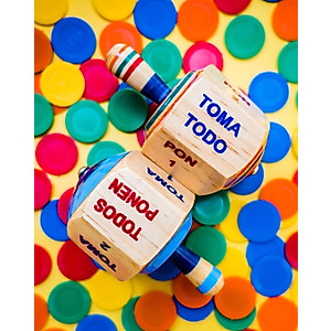 Pirinola Toma Todo Set – Wood Spinning Top Game – Set of 2 - Kids and Adults Party Games for Mexican Fiesta, Bachelor Parties or Baby Shower, 4 Inches Tall