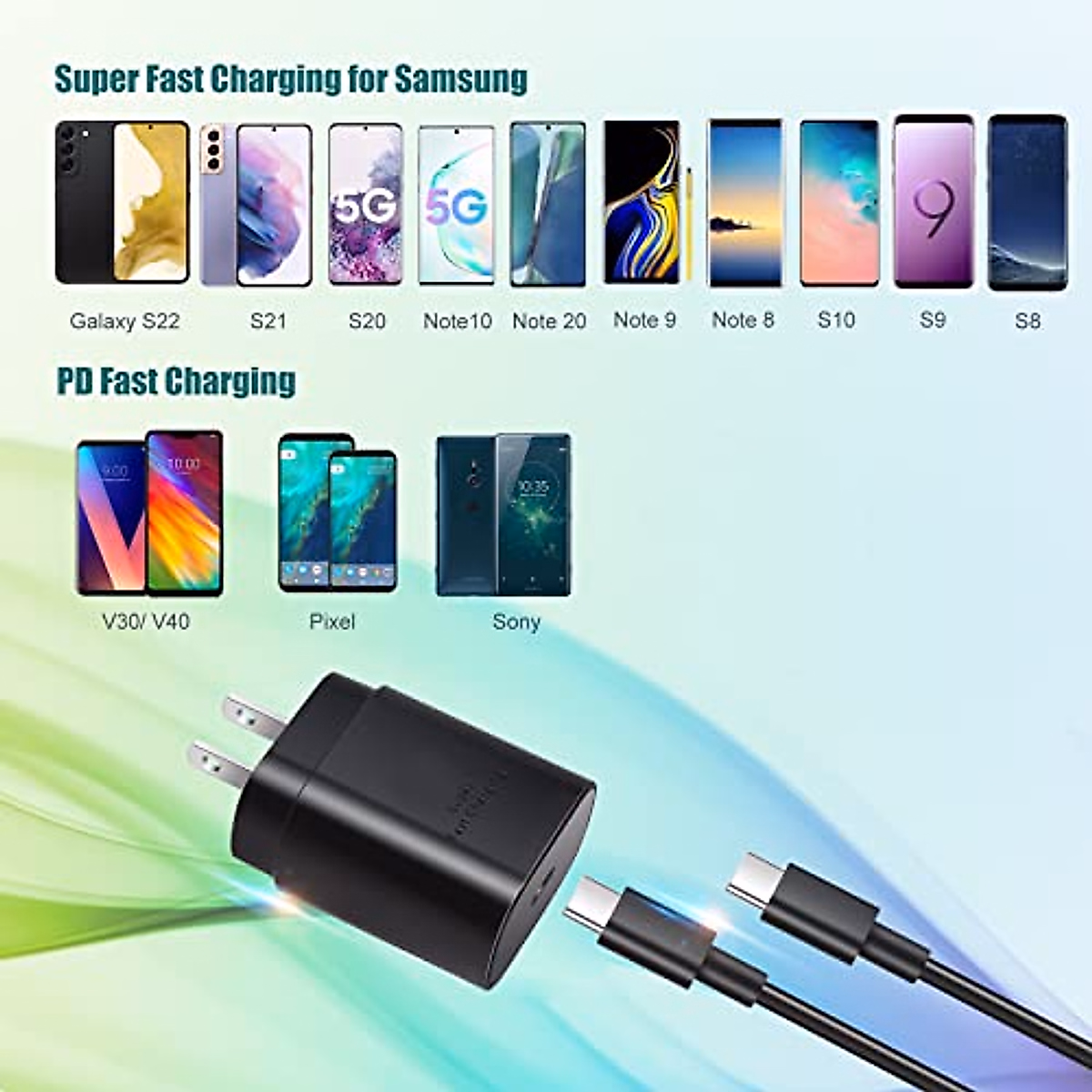 Excgood Super Fast Type C Charger Kit 25W USB C Charger with 2 Type C to C Cable (6ft+1.5ft) Compatible with Samsung Galaxy S23/S22 Ultra/S21 FE 5G/S20,Note 10+/20,A71/A53/A23,Z Flip4 Z Fold4, Tab S8+