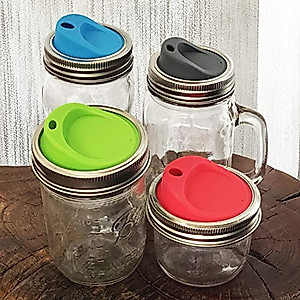 THINKCHANCES Reusable Food Grade BPA Free Silicone Sip Coffee Juice Drinking Lid Kit with Stainless Steel Rings for Mason, Ball, Canning Jars, Pack of 4 Sets (Regular Mouth,Oval Drinking Hole)
