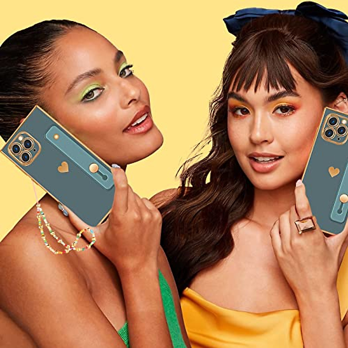 Petitian for iPhone 11 Pro Max Square Case Loopy Stand/Strap, Luxury Cute Women Girls Heart Electroplated Designer Squared Edge Phone Cases for 11 Pro Max, Grey Blue