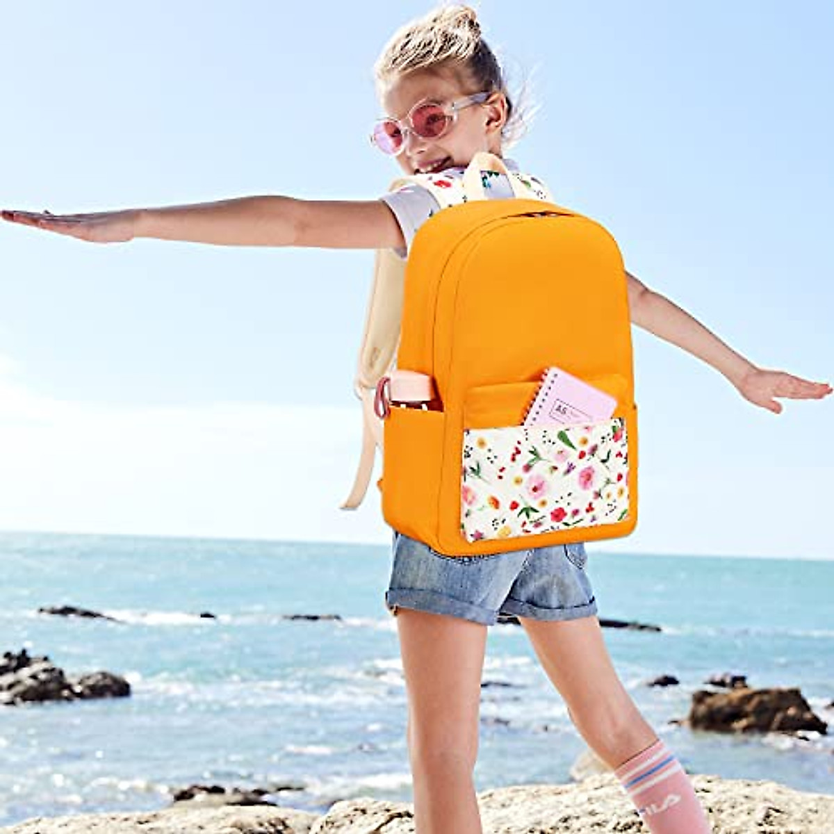 CAMTOP School Backpacks for Teen Girls Lightweight Elementary Middle School Backpack 3 In 1 Bookbags Set(Yellow-Flower)