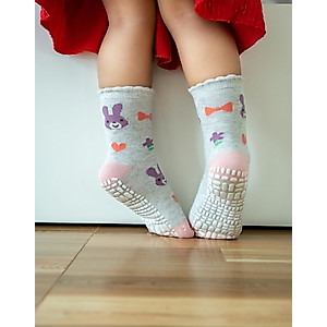 RATIVE Non Skid Anti Slip Cotton Dress Crew Socks With Grips For Baby Infant Toddler Kids Girls (6-12 Months, RG-820821)