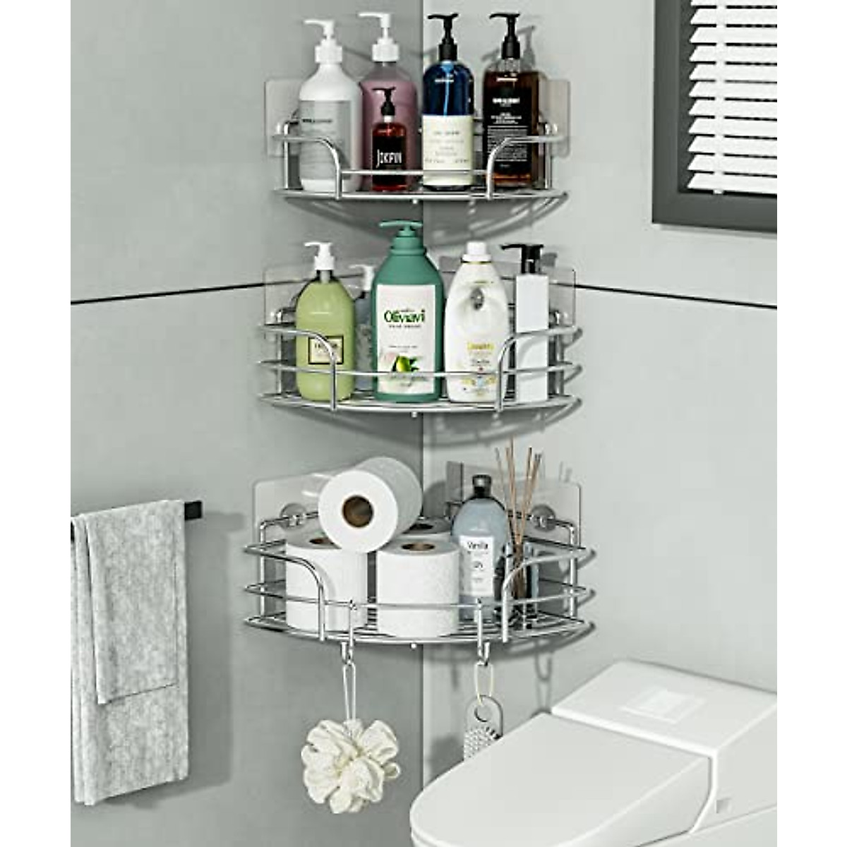 3 Pack Corner Shower Caddy: Stainless Steel No-drilling Bathroom Organizer for All 90° Corners- Installed in Minutes, Heavy Duty Shower Shelves for Storage- 6 Metal Hooks with Caps, 2 Extra Adhesives