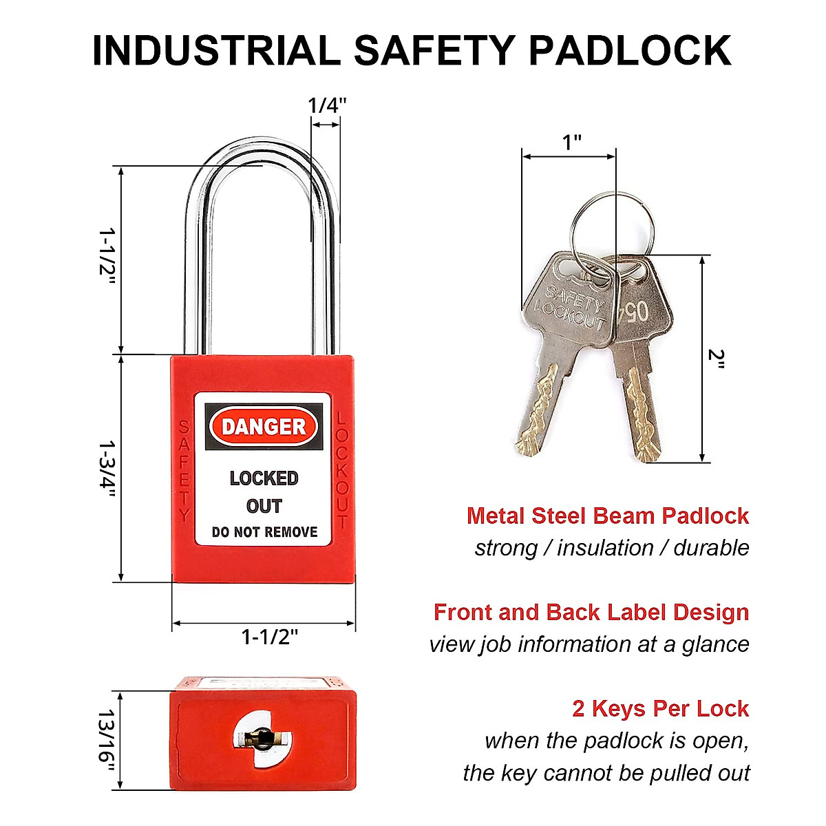 Gate Valve Lockout and Safety Padlock, 1Set, Hose Bib Lock for Outdoor Faucet Knob/Water Spigot/Propane Tank, 1 to 2-1/2 in Dia Valve Handles, Plastic Red Secure Lock Device for Outside Garden Valve