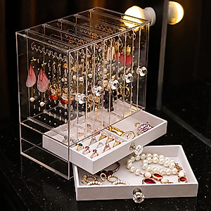 MOOCHI Clear Acrylic Jewelry Box Organizer Earring Display Stand Holder & 2 Drawers Jewelry Storage